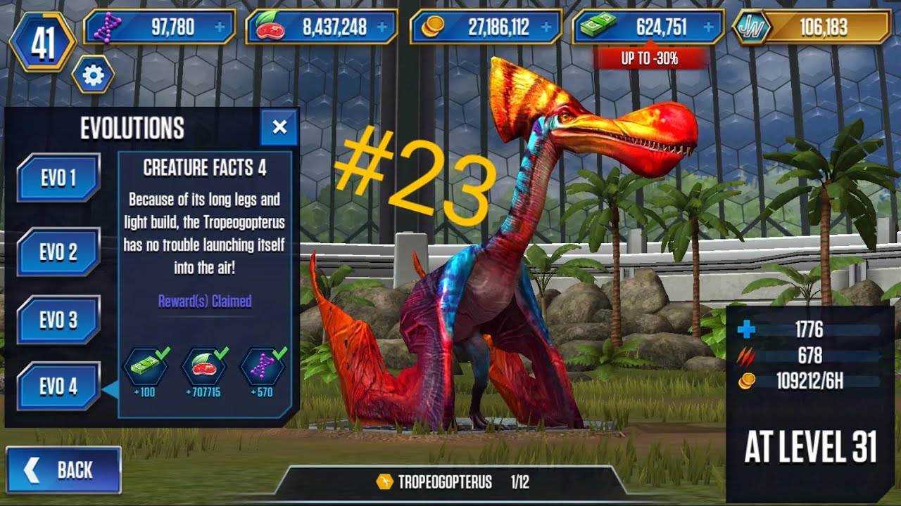 Upgrade TROPEOGOPTERUS - Jurassic World: The Game #23 - YouTube