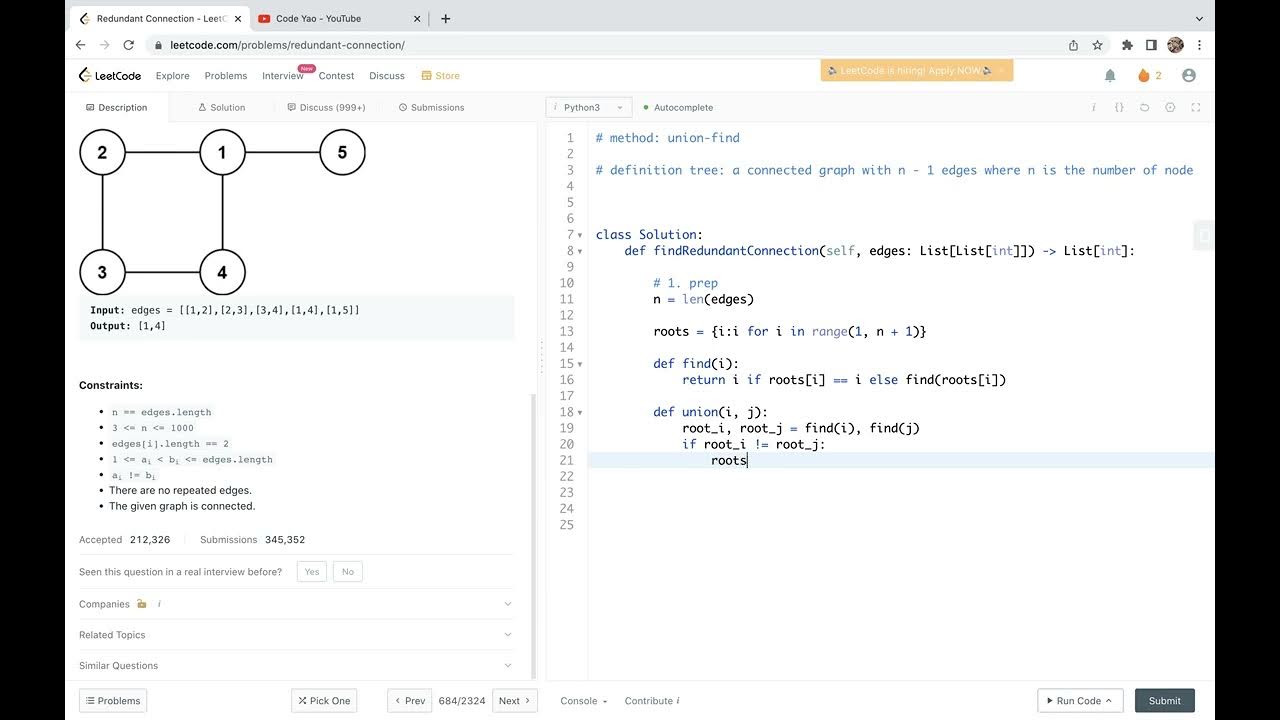 Leetcode 684. Redundant Connection - Union-Find Method - YouTube