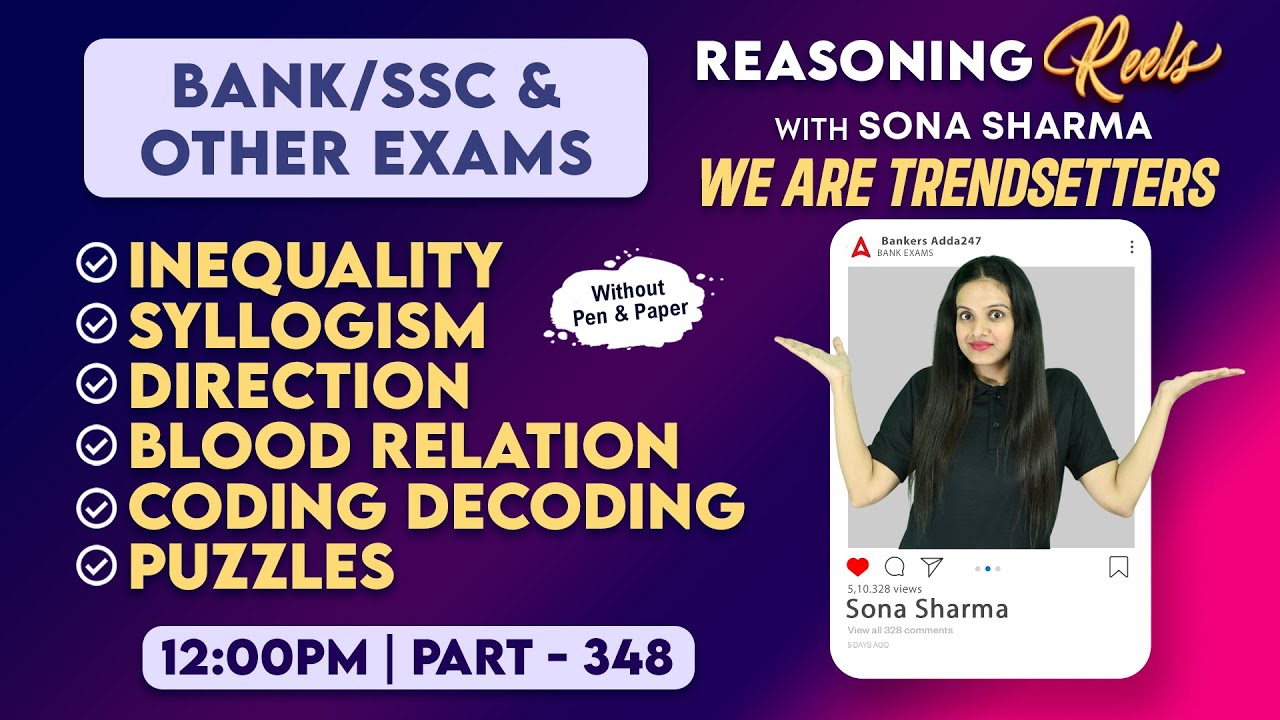 Bank & SSC | Reasoning Classes #348 | Reasoning REELS with Sona Sharma - YouTube