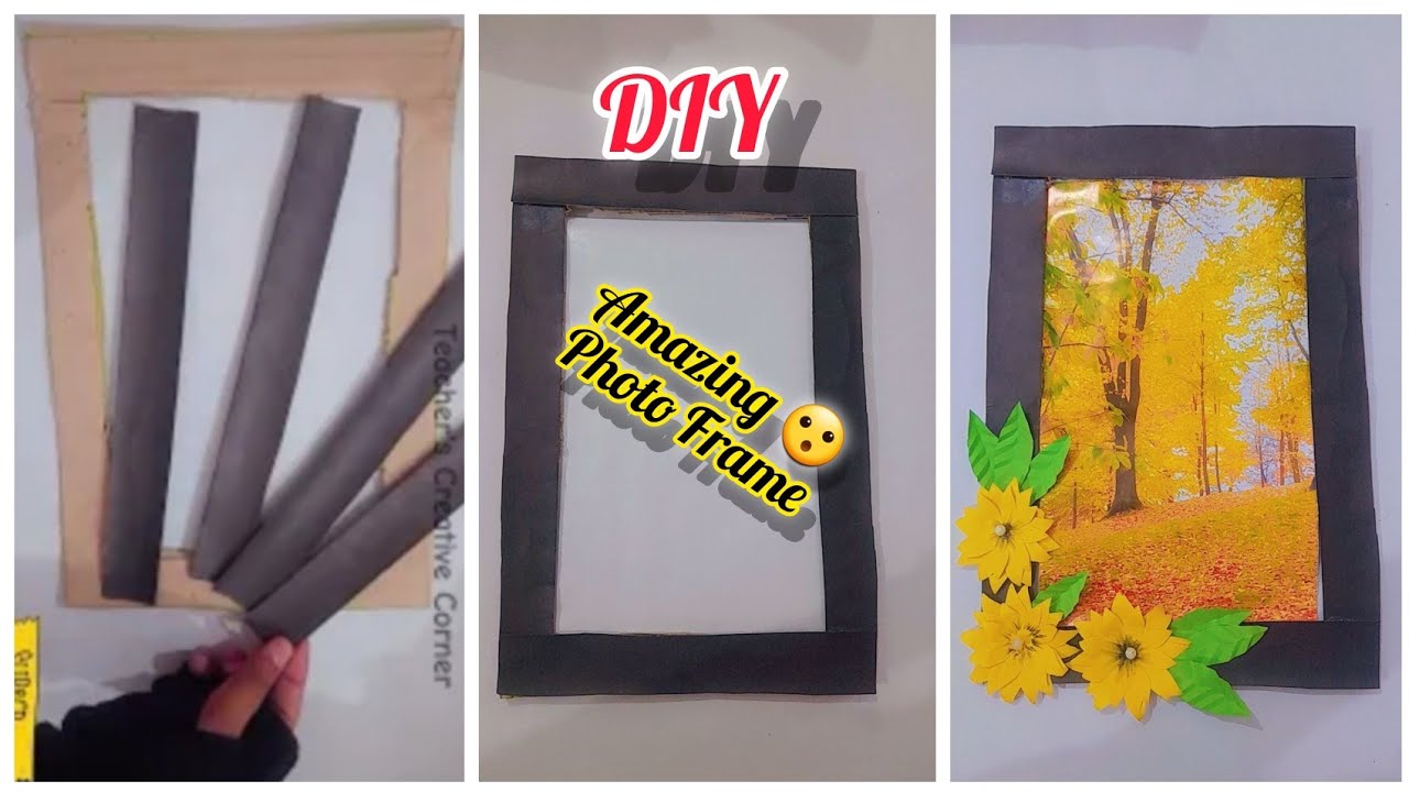 Beautiful Photo Frame from Cardboard 💛🖤 | Photo frame making at home ...