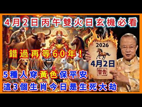 4月2日丙午雙火日必看！這3個生肖今日是生死大劫，5種人穿黃色保平安 #每日易點通 #曾仕強 #五行穿衣 #養生 #易經 #黃曆解讀 #生肖沖煞 #彭祖百忌 #趨吉避凶 #2026運勢 #十二生肖運勢