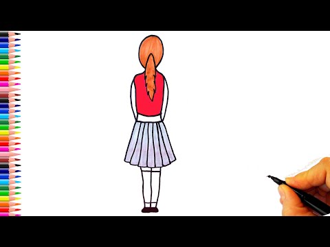 Çok Kolay Arkası Dönük Kız Çizimi - Kız Çizimleri - Kolay Kız Çizimi - Liseli Kız Çizimi