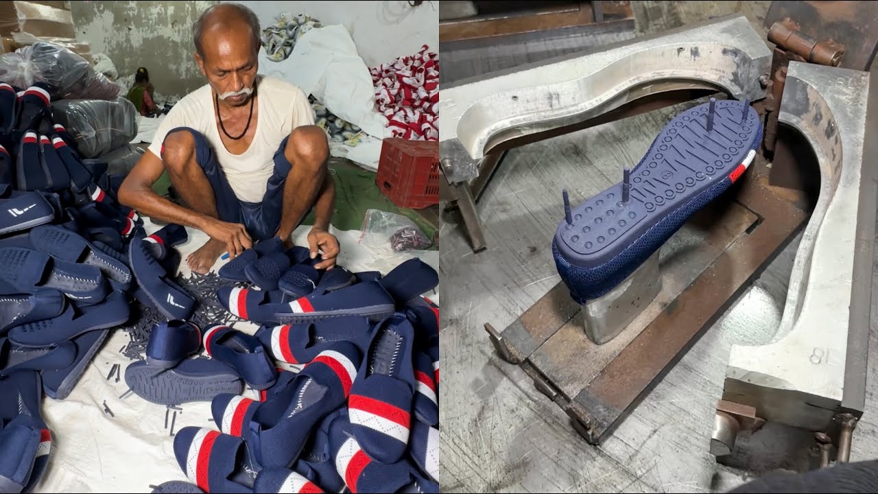 Classy blue colored loafer shoe making factory - YouTube