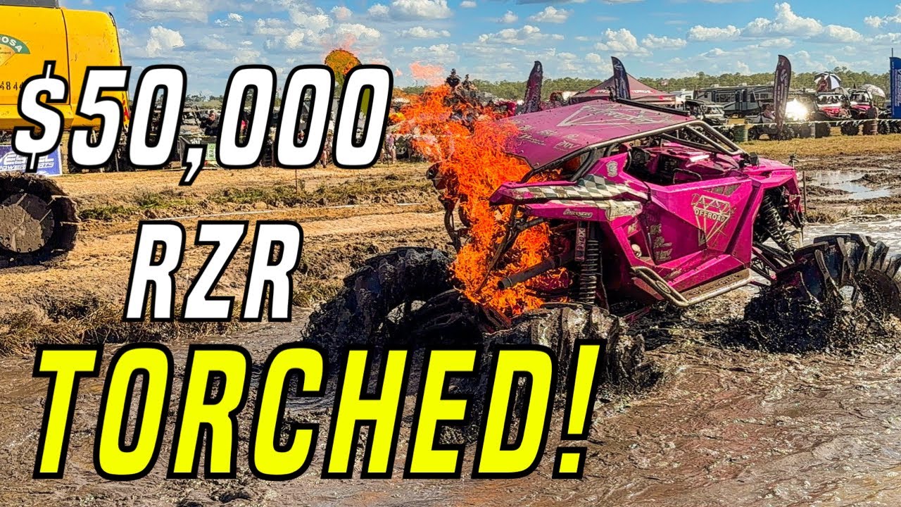 RZR bursts into flames in the BIG TIRE bounty hole at Redneck Yacht ...