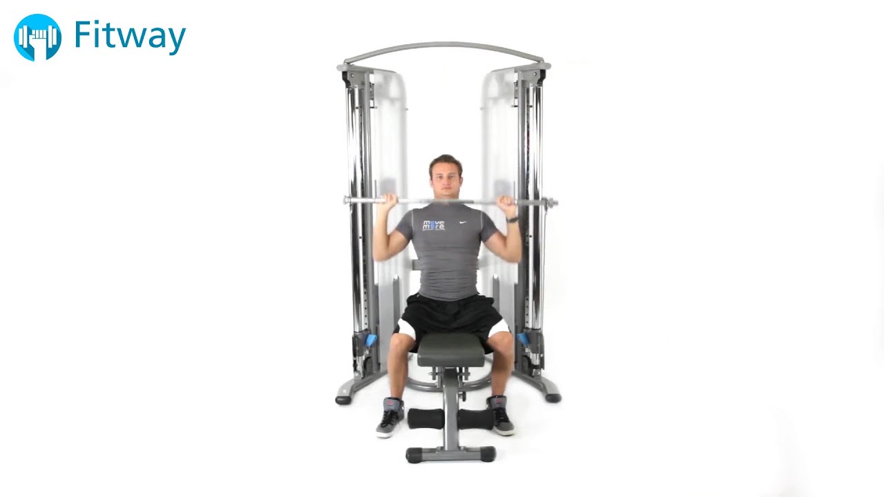 How To Do: Cable Shoulder Press - Military Seated Long Bar | Shoulder ...