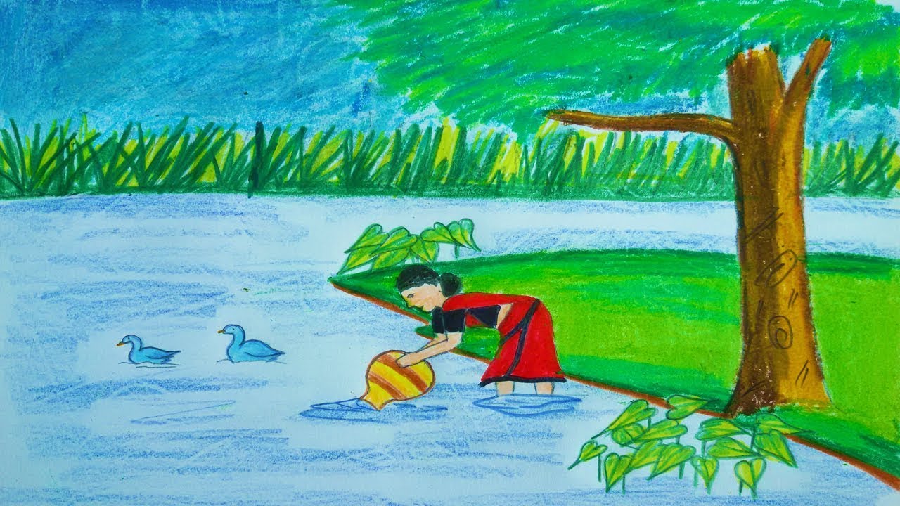 Village scenery drawing | How to Draw Village River | Toma's Drawing ...
