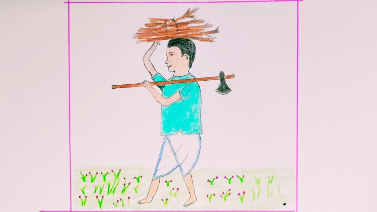 Easy woodccutter drawing, how to draw a woodcutter, लकड़हारा का चित्र ...