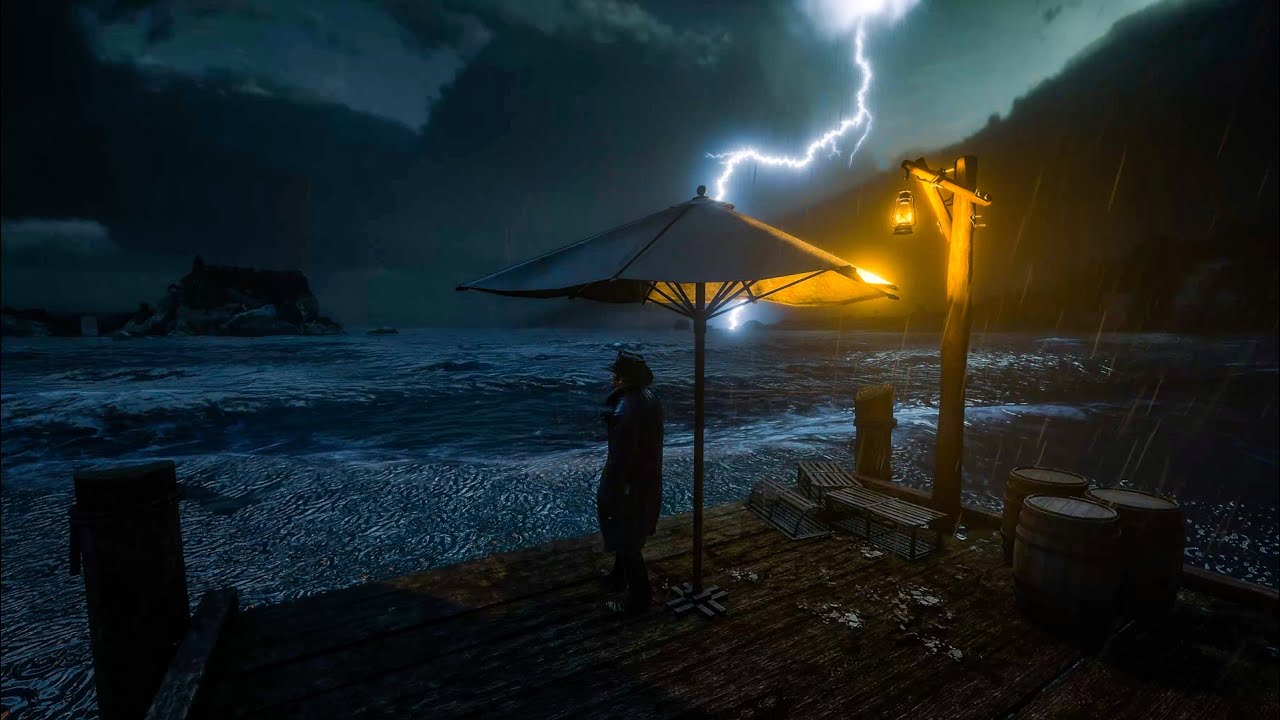 Arthur Morgan’s Rainy Night by the Ocean | Thunderstorm & Wave Sounds ...
