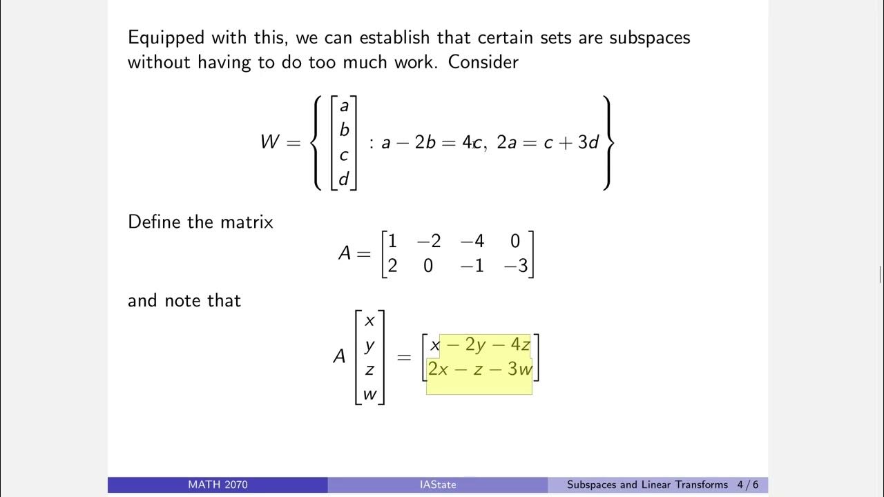 MATH 2070 (Online) - Null Spaces, Column Spaces, and Linear Transforms - YouTube