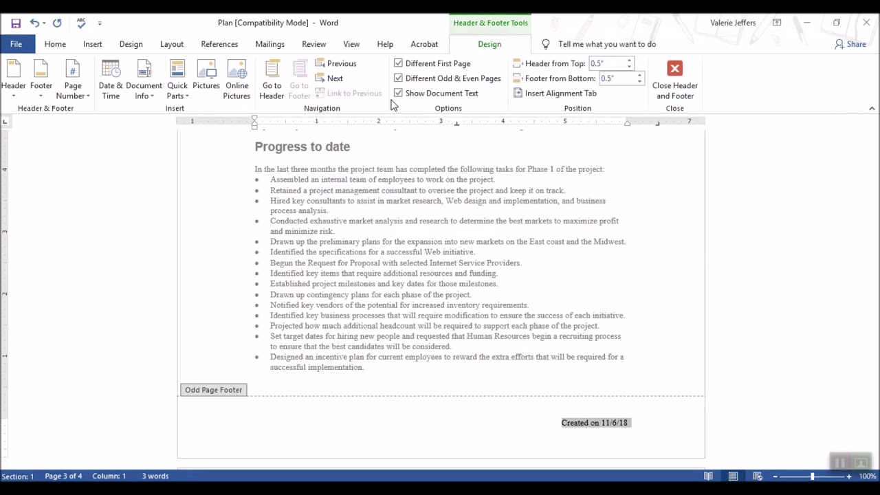 Microsoft Word 2016 How to Insert Different Headers Footers and Section ...