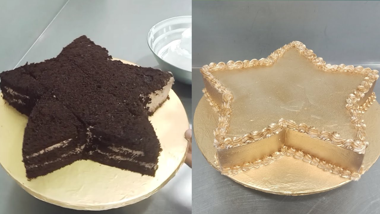 star cake with golden theme decorated|star cake design|khalid baiking ...