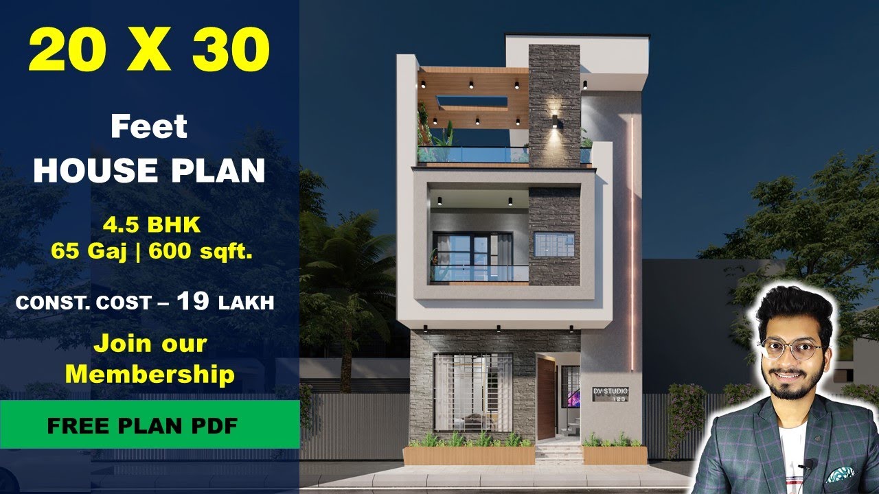 20x30 | 4.5 BHK House plan | 65 Gaj | 600 sqft | 20*30 house plan 3d ...