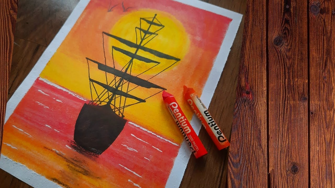 Oil pastal drawing | Let's draw a ship using pastels | පැස්ටල් චිත්‍ර ...