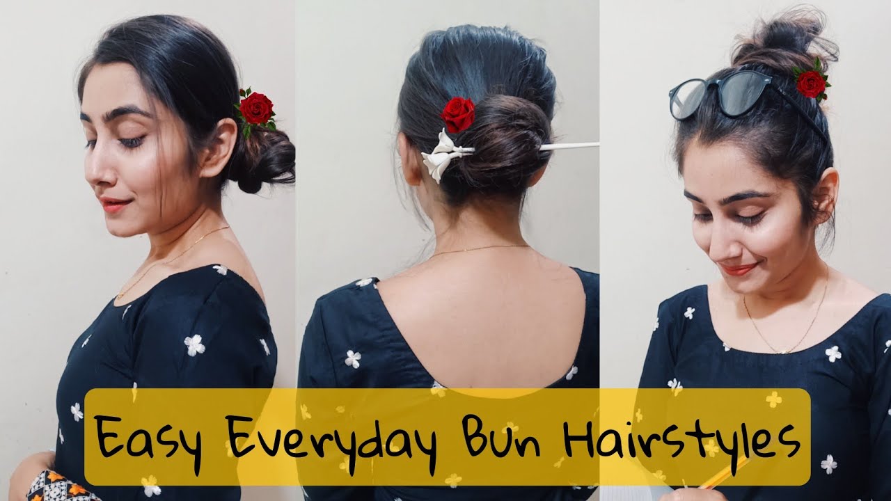 EASY Everyday Bun Hairstyle | Simple Bun Hair Tutorial For Medium Hair ...