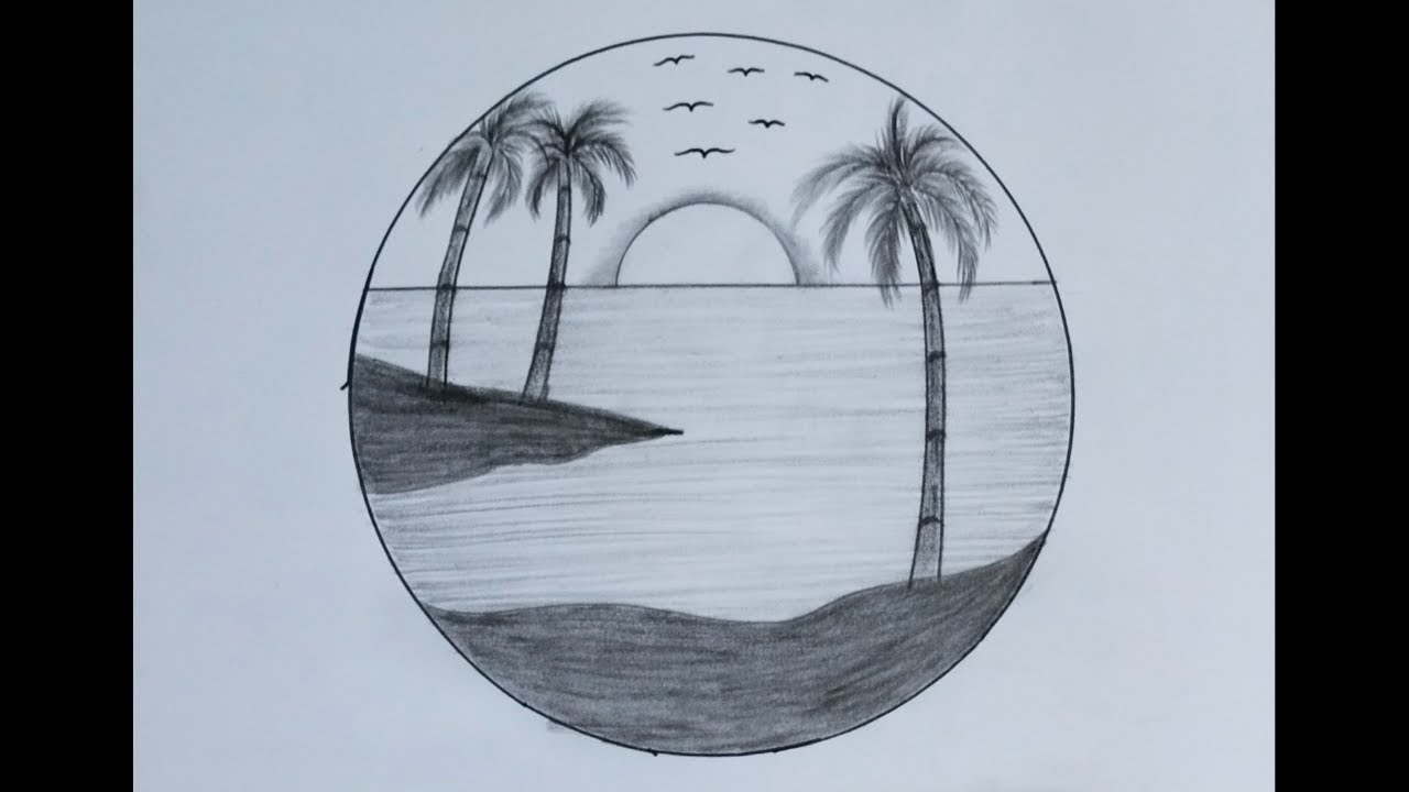 Easy circle sunset landscape drawing || how to draw easy sunset ...
