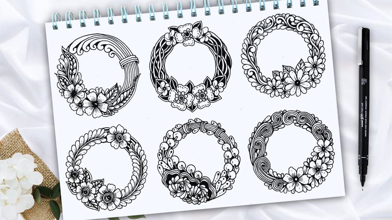 6 Round Floral Frame Ideas || Round Frame Zentangle Art - YouTube