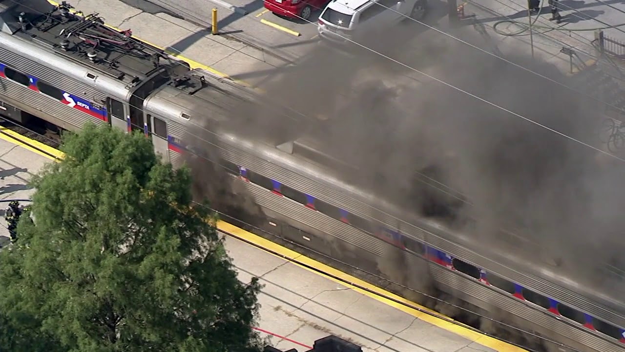 Chopper 6 over SEPTA train fire in Glenside, Pa. - YouTube
