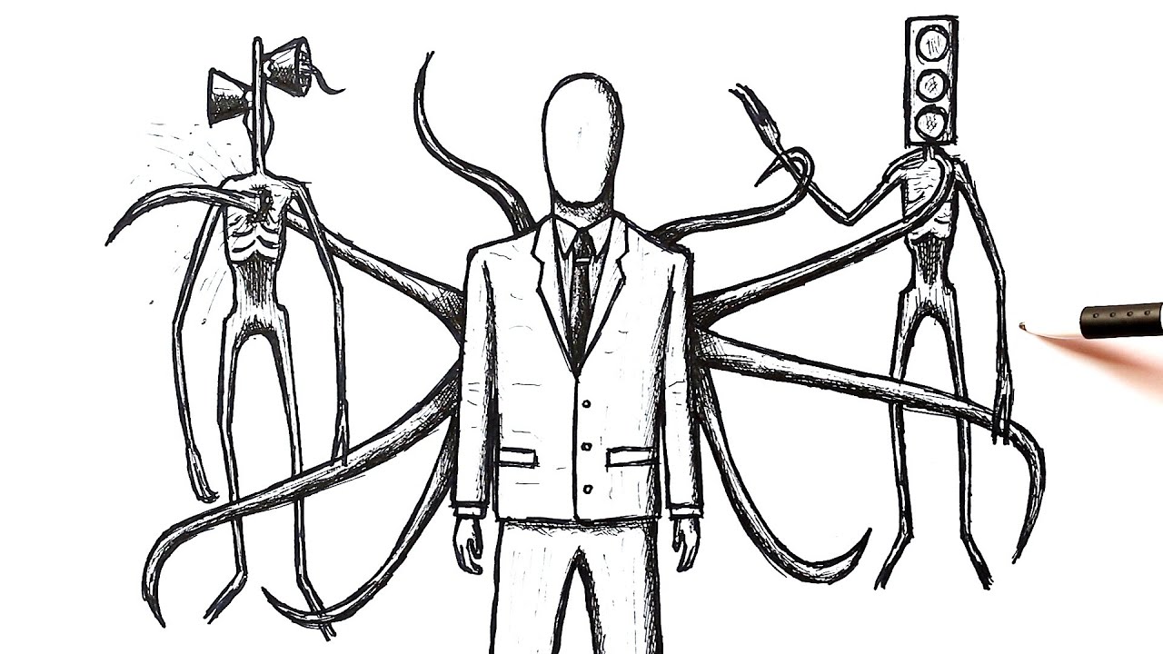 How to draw a Slenderman attacking Siren Head and Traffic Light Head ...