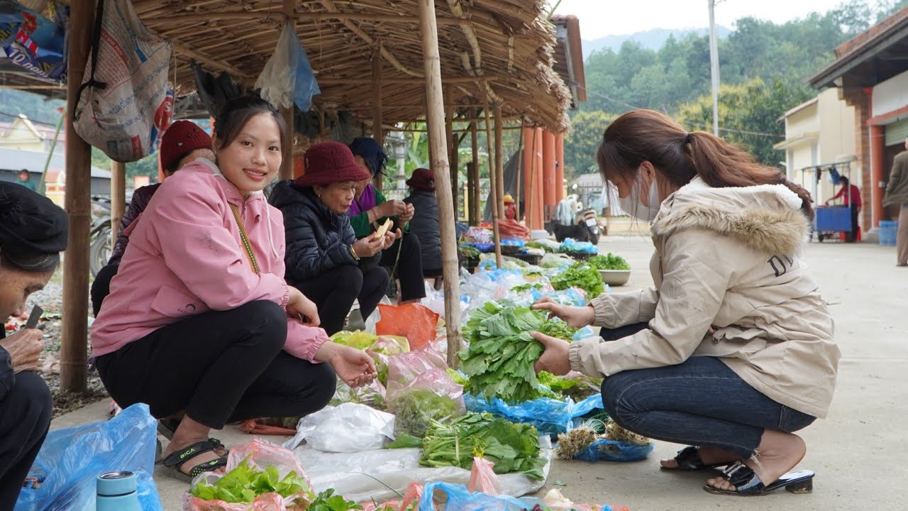 harvest green vegetables, bring to the market to sell, Triệu Thị Phương ...