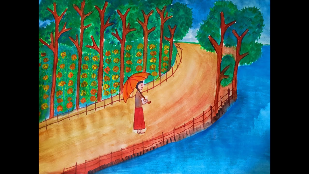 How to easy draw Alone a Man walking in the river view forest way Water ...