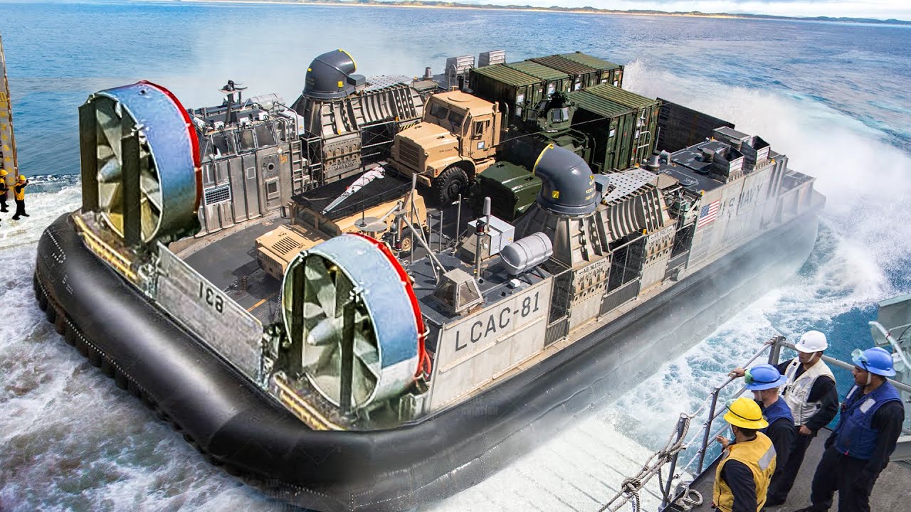 US Navy Advanced Hovercraft Jumping From Ship Into Deep Water - YouTube