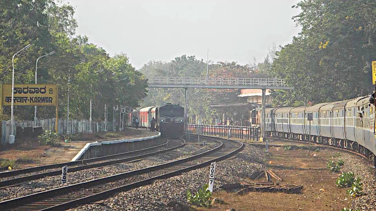 Trivandrum Rajdhani and Mangalore Express at Karwar station on Konkan ...