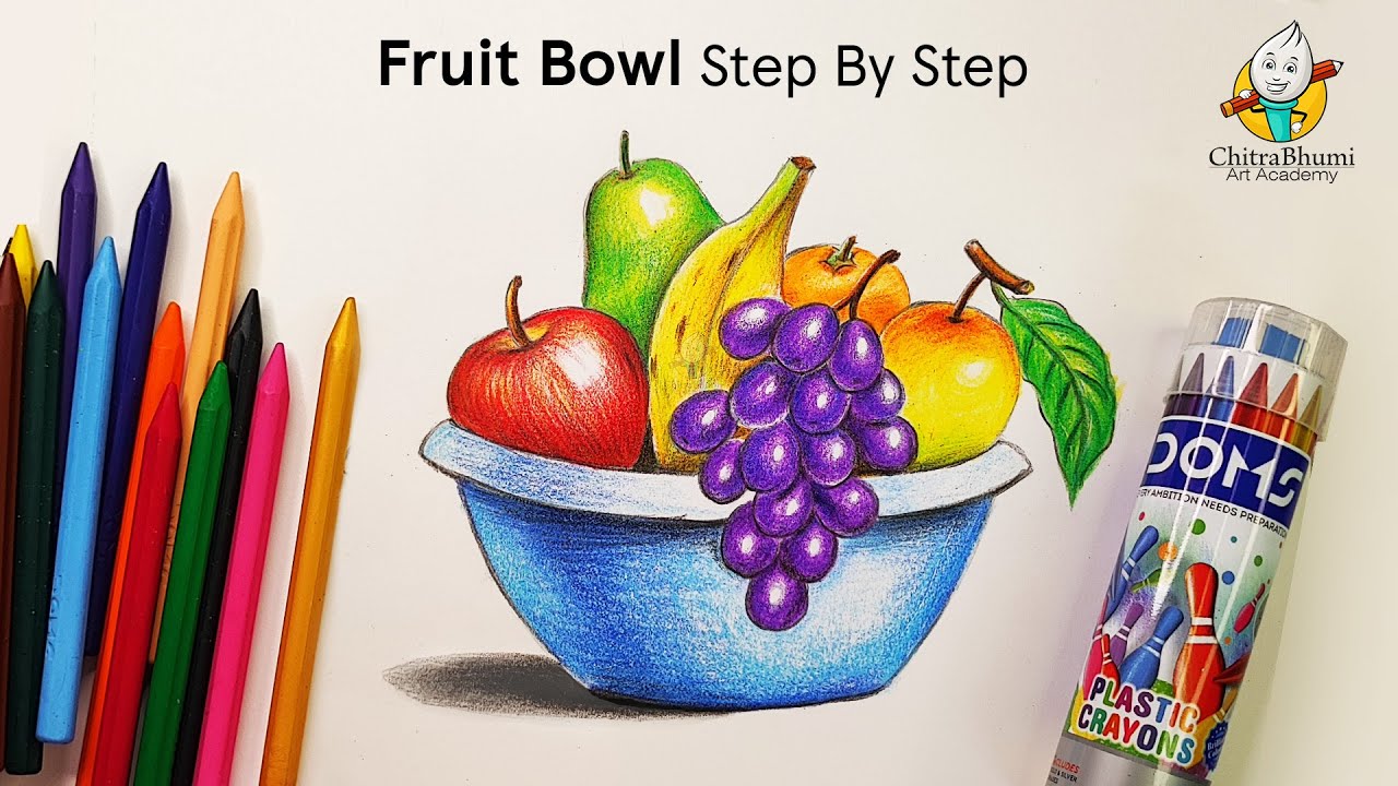 Fruit Basket Realistic Drawing with Doms Plastic Crayons 12 Shades Step ...