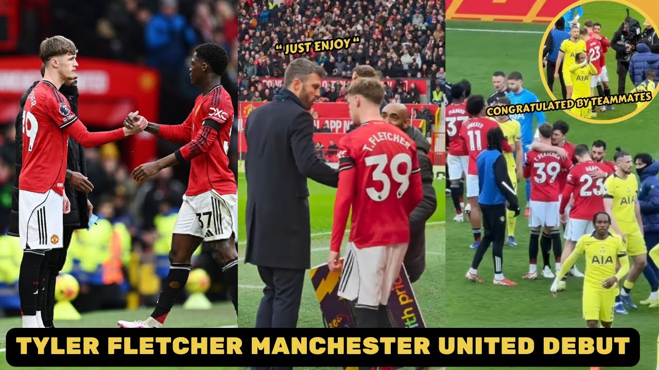 Tyler Fletcher congratulated by Bruno Fernandes & Harry Maguire after ...