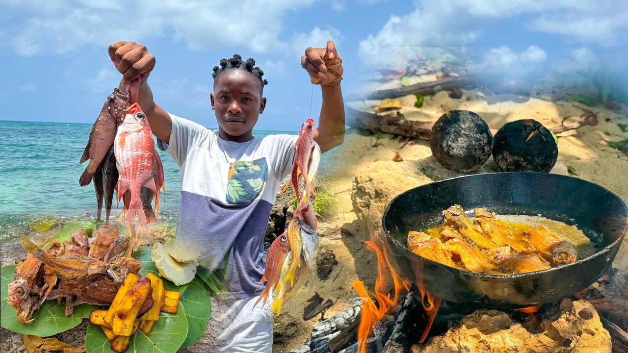 Fry fish and roast breadfruit on the beach catch and cook handline ...