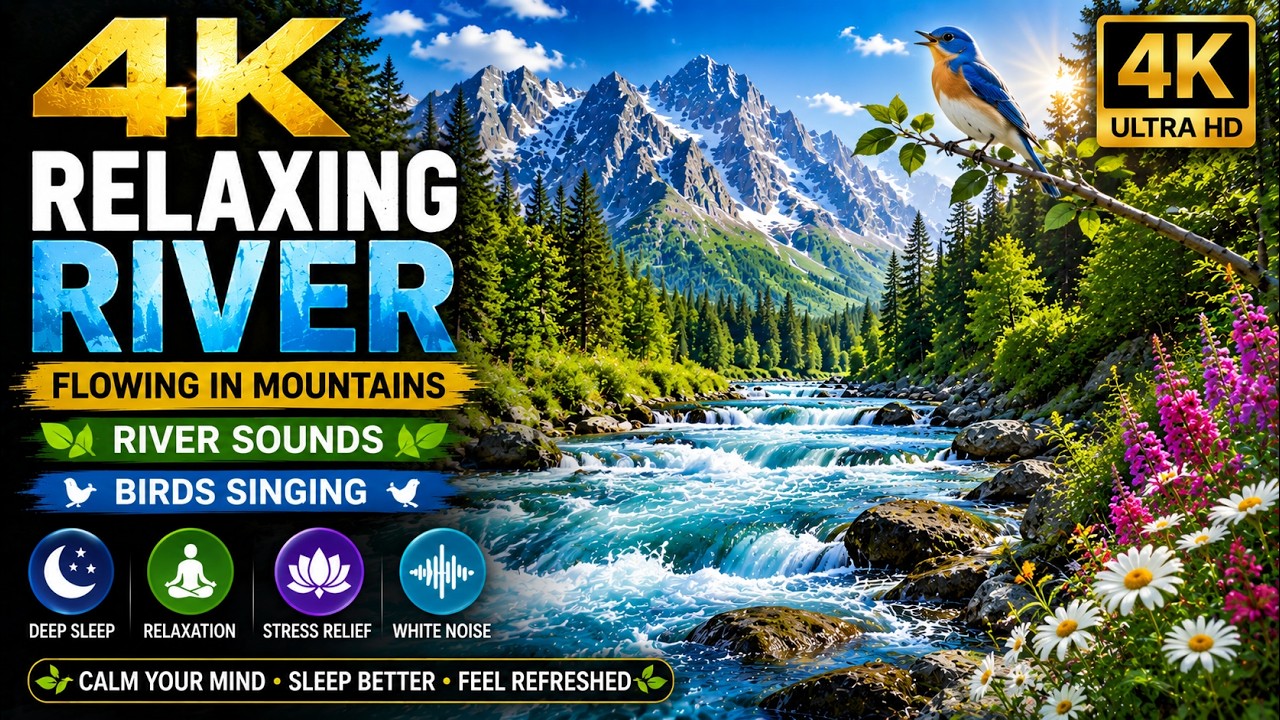 4k Relaxing River Flowing in Mountain River Sounds, Birds Singing ...