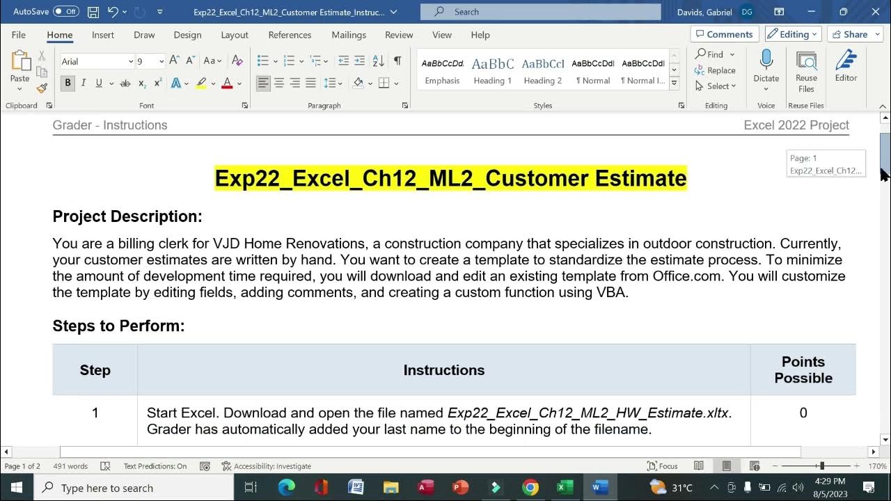 Exp22 Excel Ch12 ML2 Customer Estimate | excel chapter 12 assessment #ML2CustomerEstimate# ...
