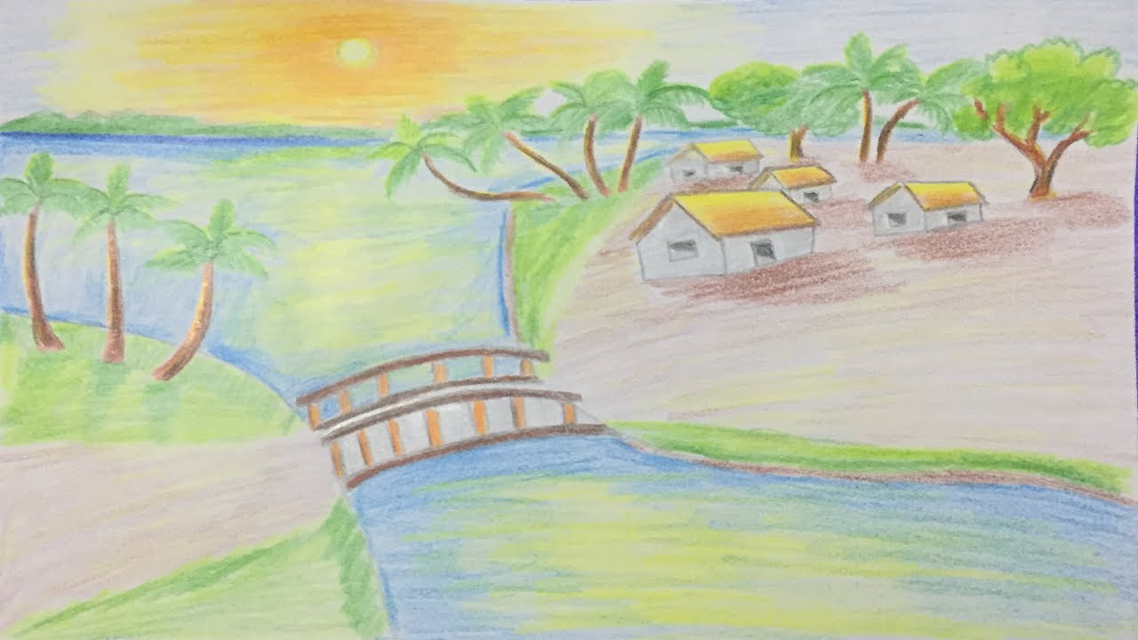 How to draw a scenery of beautiful nature / landscape step by step ...