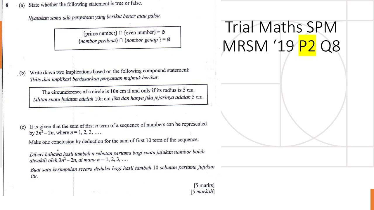 Trial Maths SPM MRSM 2019 Paper 2 Q8 Mathematical Reasoning Kertas ...