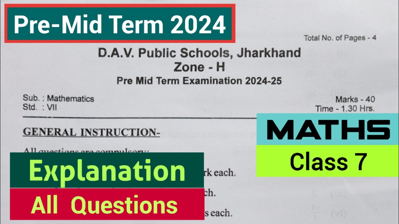 DAV Class 7 Maths Question Paper Pre-Mid Term 2024 - explanation - YouTube