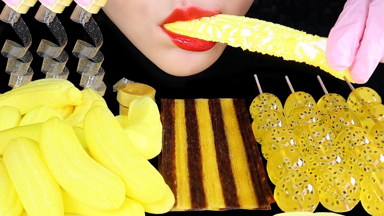 YELLOW FOOD ASMR FROG EGGS JELLY ASMR BANANA MARSHMALLOW, EDIBLE TAPE ...