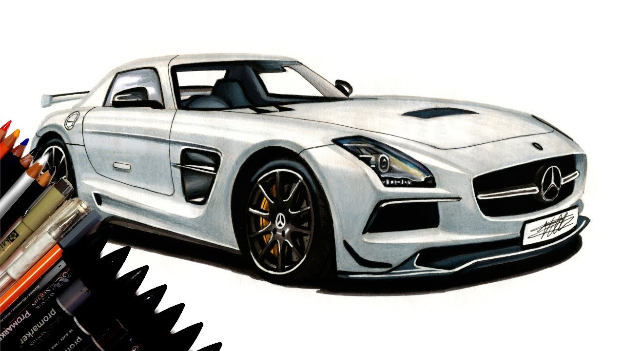 Realistic Car Drawing - 2014 Mercedes Benz SLS AMG Black Series - Time ...