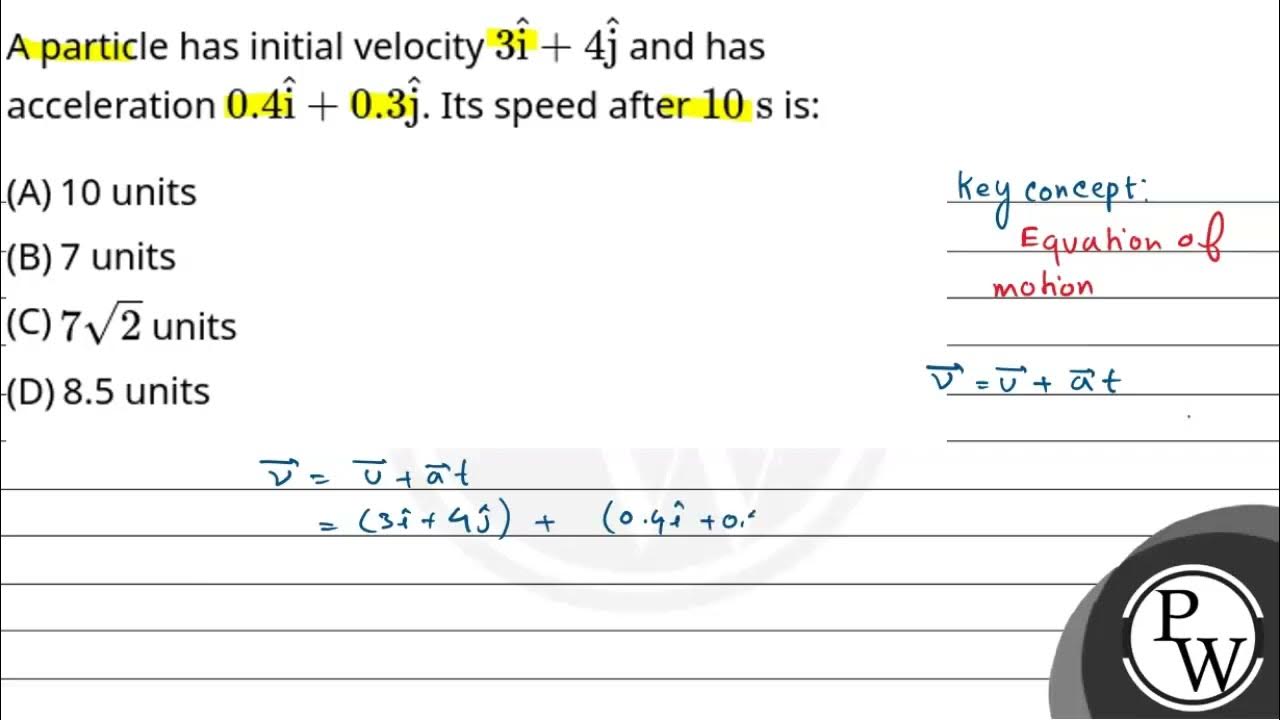 A particle has initial velocity \(3 \hat{\mathrm{i}}+4 \hat{\mathrm{j}}\) and has acceleration ...