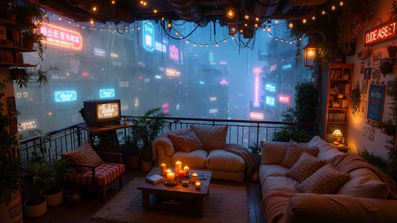Cyberpunk Rain Ambience on Cozy Balcony | Deep Sleep, Relax & Stress ...