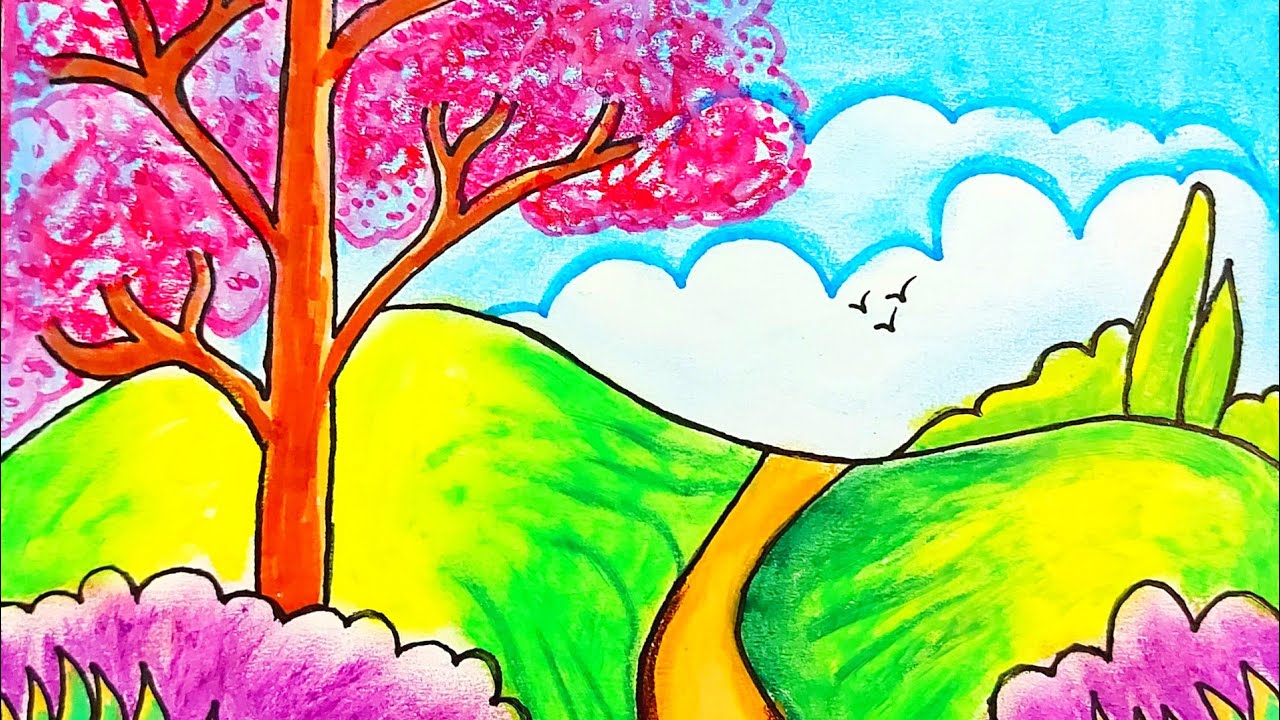 Spring scenery drawing ||Oil pastels drawing - YouTube