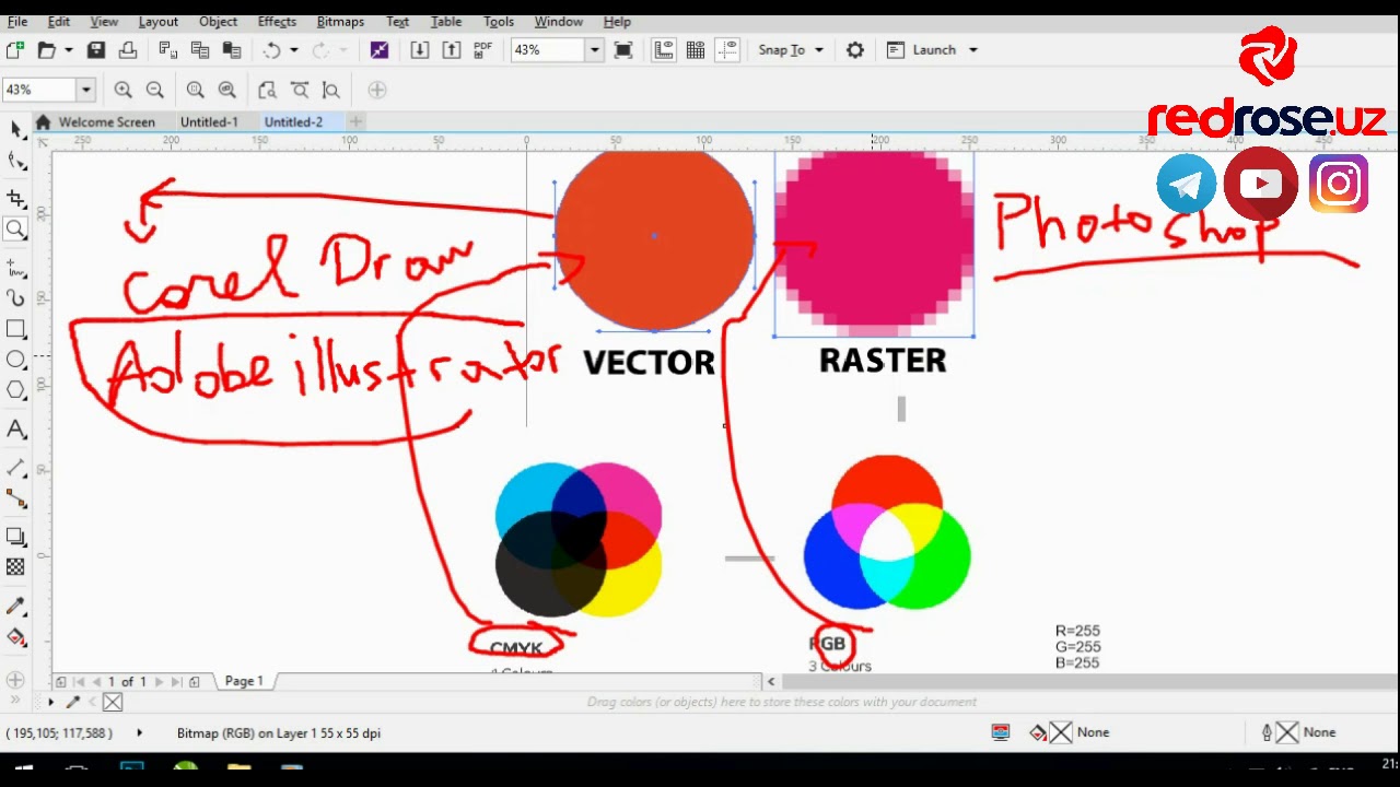 Corel Draw 02 dars vektor / raster ; RGB / CMYK redrose.uz - YouTube