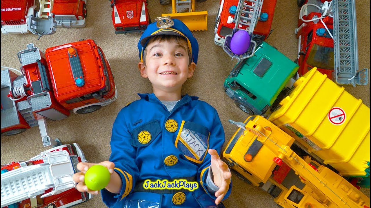 Pretend Play Cops & Robbers! | Hidden Eggs and Toy Fire Trucks in ...