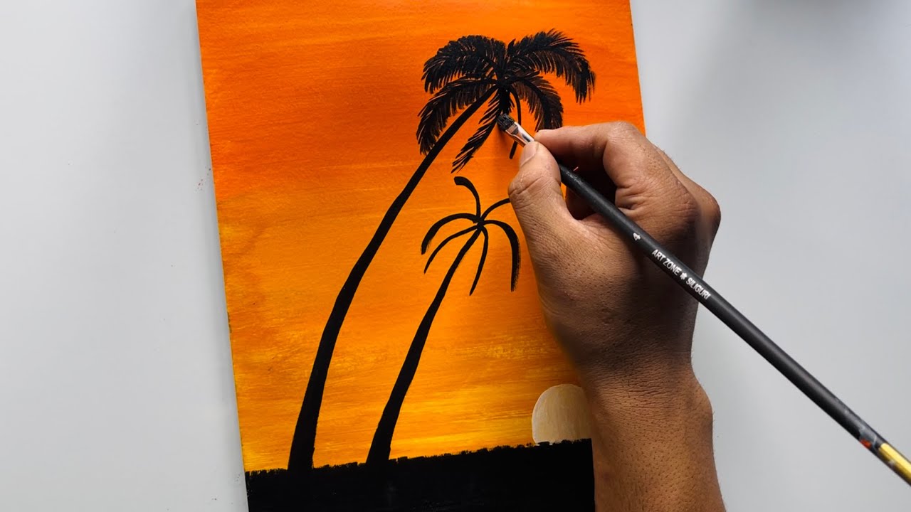 How To Paint Coconut Tree With Sunset Acrylic Painting For Beginners how-to-paint-coconut-tree-with-sunset-acrylic-painting-for-beginners