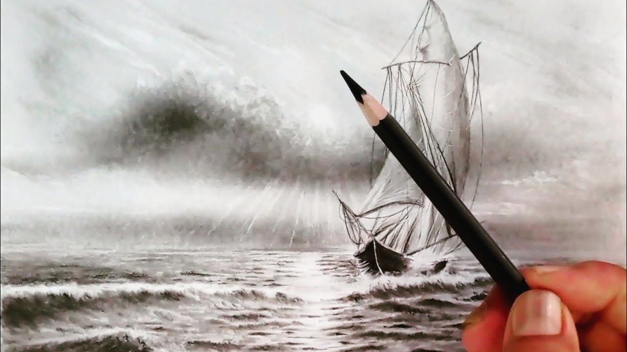 Pencil drawing of a sunlight landscape with a beautiful ship floating ...