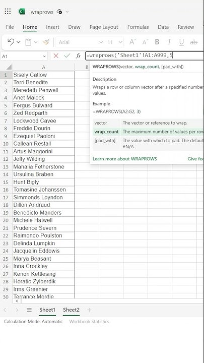 Wraprows Function In Excel Explained In 30 Seconds Shorts Excel Youtube