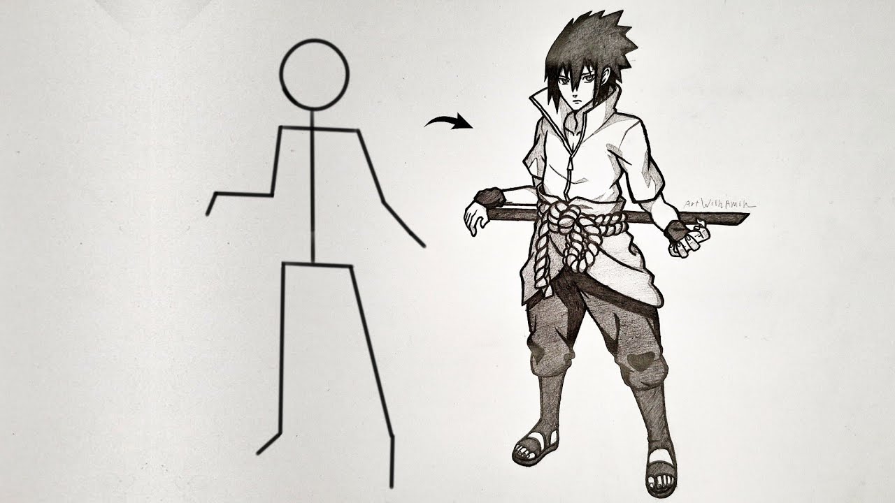How to draw Sasuke Uchiha full body out of stick man | Easy step by ...