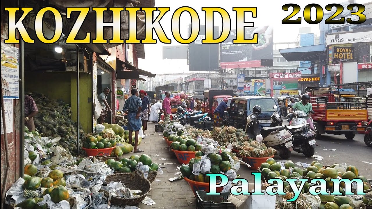 walking tour in India KOZHIKODE city,a busy market in the morning ...