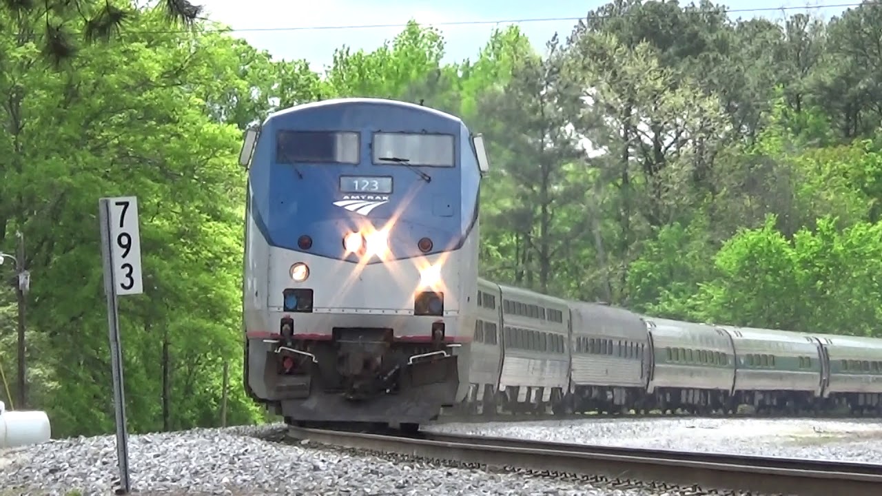 Amtrak 123 Leads the #20 Crescent Past NS Norris Yard on 4/16/16 - YouTube