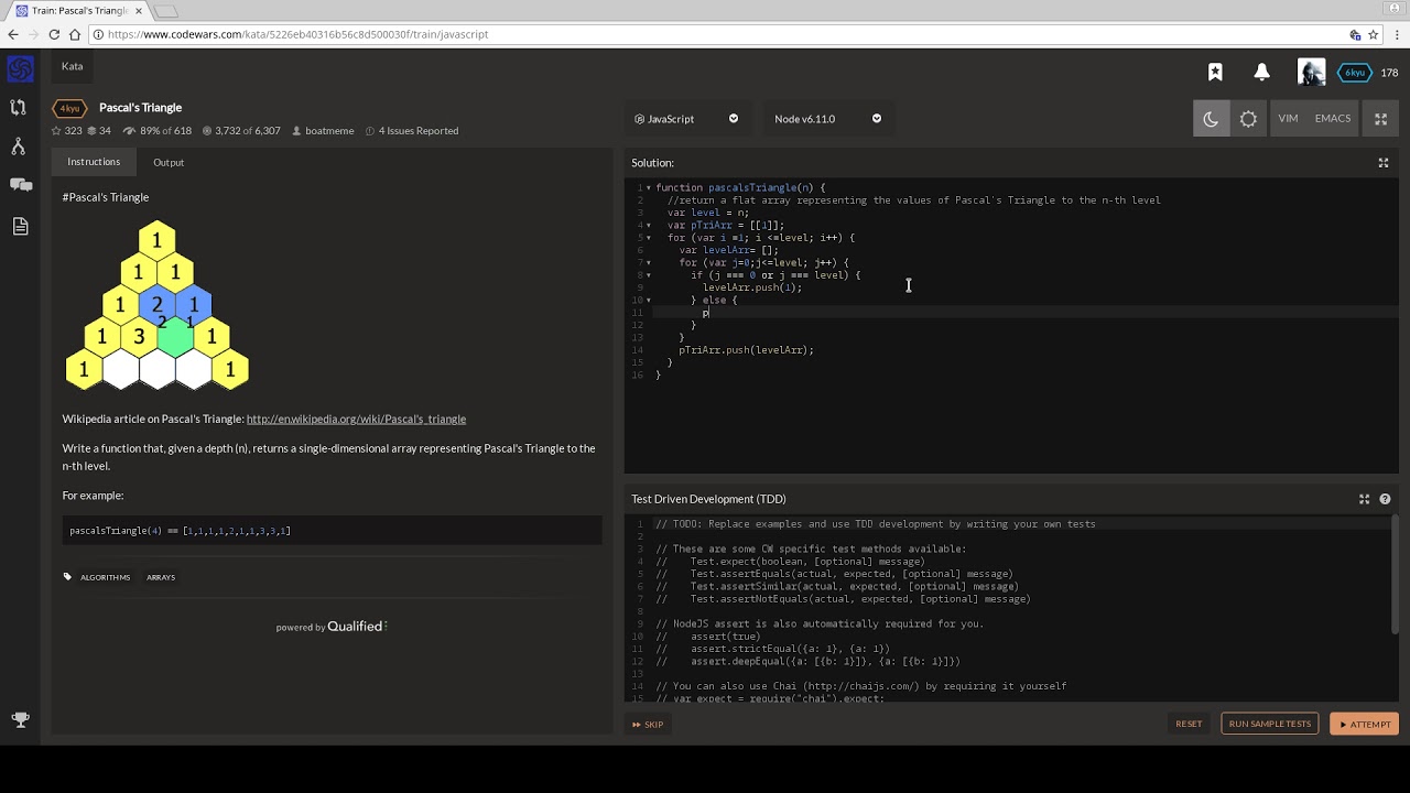 Codewars Pascals Triangle 020718 Youtube