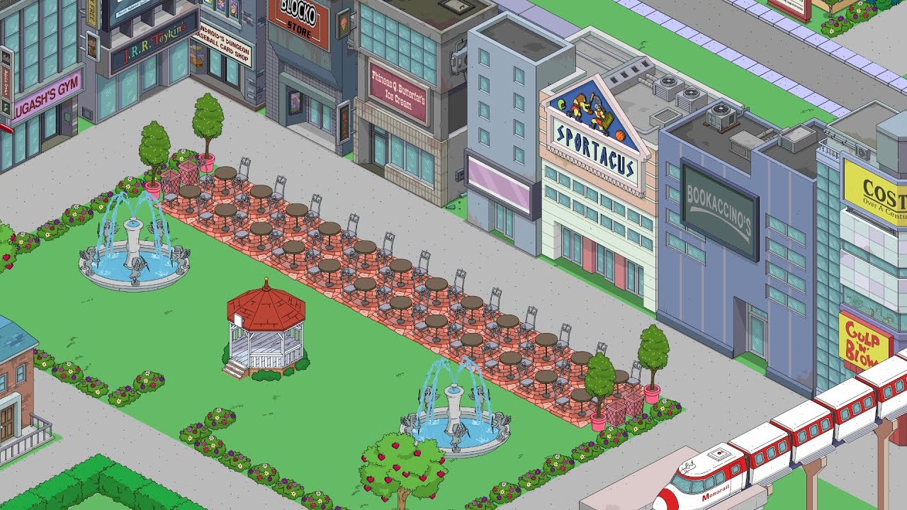 The Simpsons Tapped Out - Mirrored Plaza with Monorail - YouTube