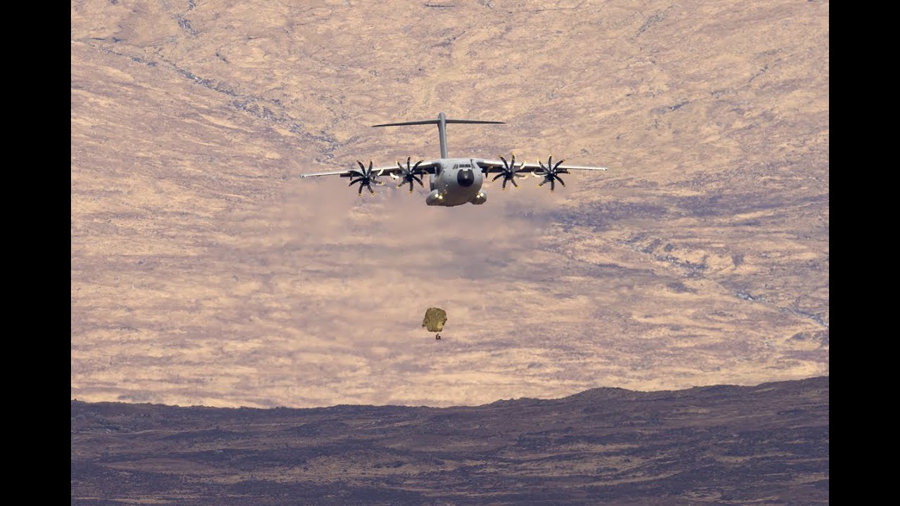 Air drop practice by a Royal Airforce Airbus A400M at Rannoch Drop Zone ...